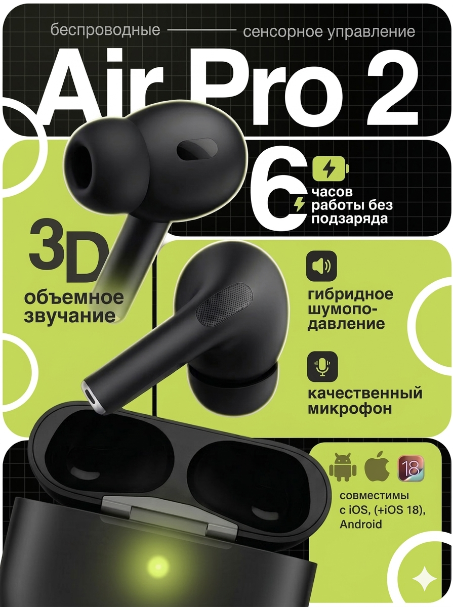 Наушники беспроводные AIPODS PRO 2 BLACK ANC c шумоподавлением для телефона айфон или андроид с микрофоном черные
