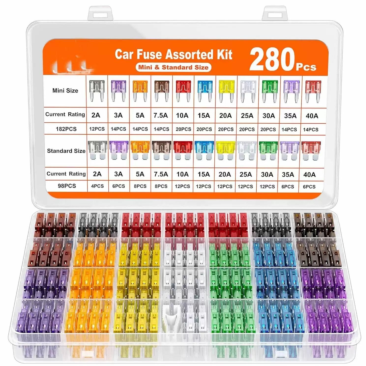 Набор автомобильных предохранителей 2A-40A, стандартные и мини (280 шт.) — комплект для замены и запаса в авто