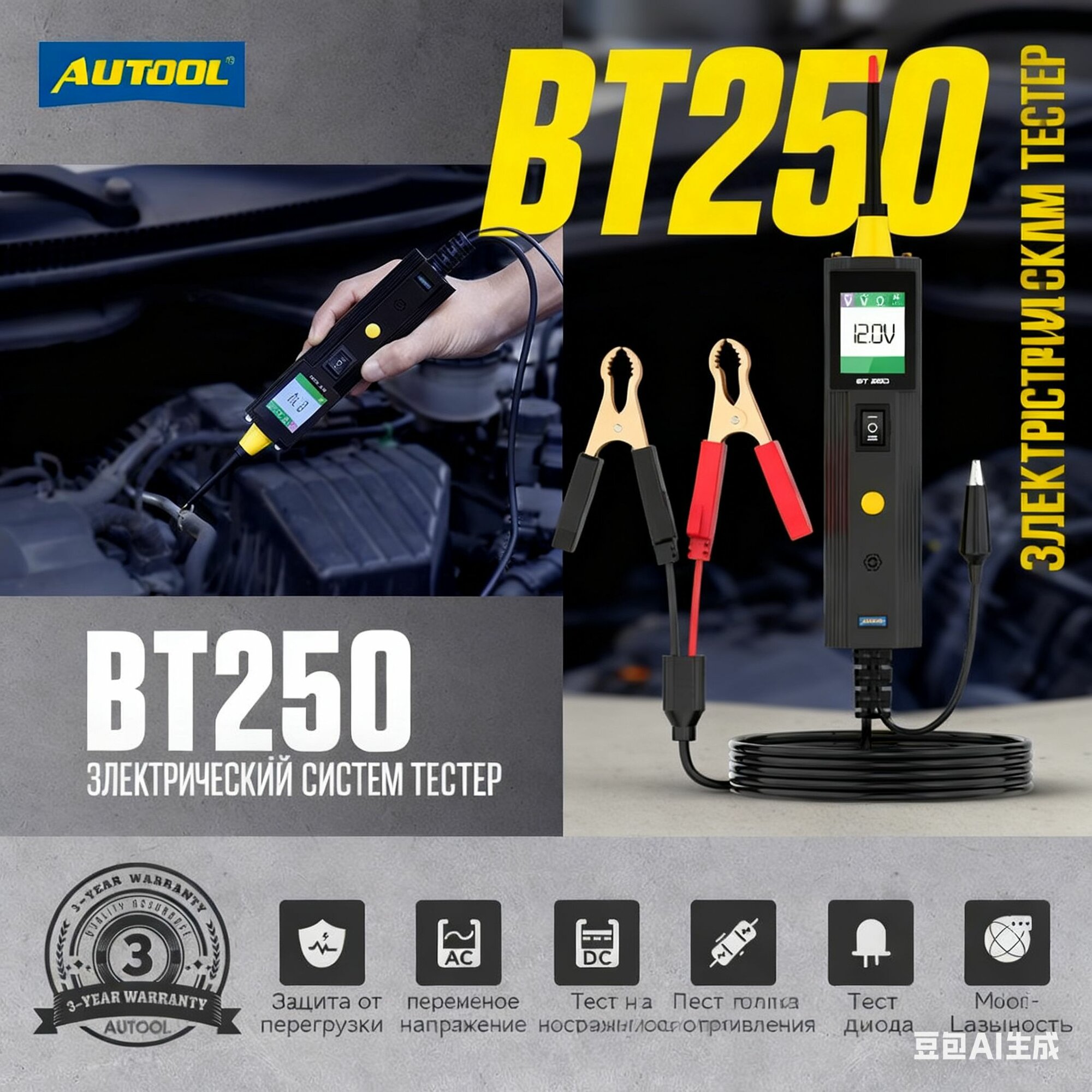AUTOOL BT260 тестер электрических цепей 6-30V для автомобиля — проверка напряжения, диодов, сопротивления, 10 м кабель