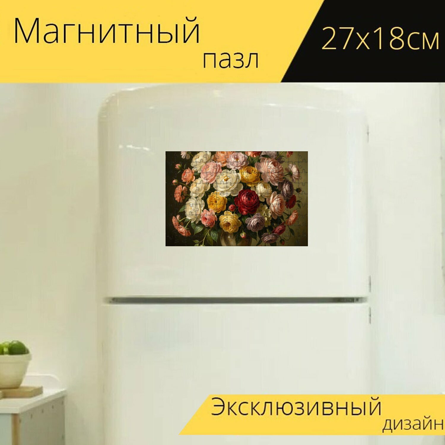 Магнитный пазл "Нежный букет пионов в вазе. Пышная цветочная композиция в керамическом сосуде: розовые, кремовые, жёлтые, красные и лиловые бутоны." на холодильник 27 x 18 см.