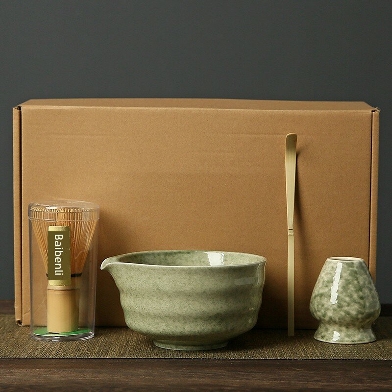 Японский набор для чая с чайной чашкой в цвете матча, 4 предмета с подарочной коробкой и бамбуковой щеткой