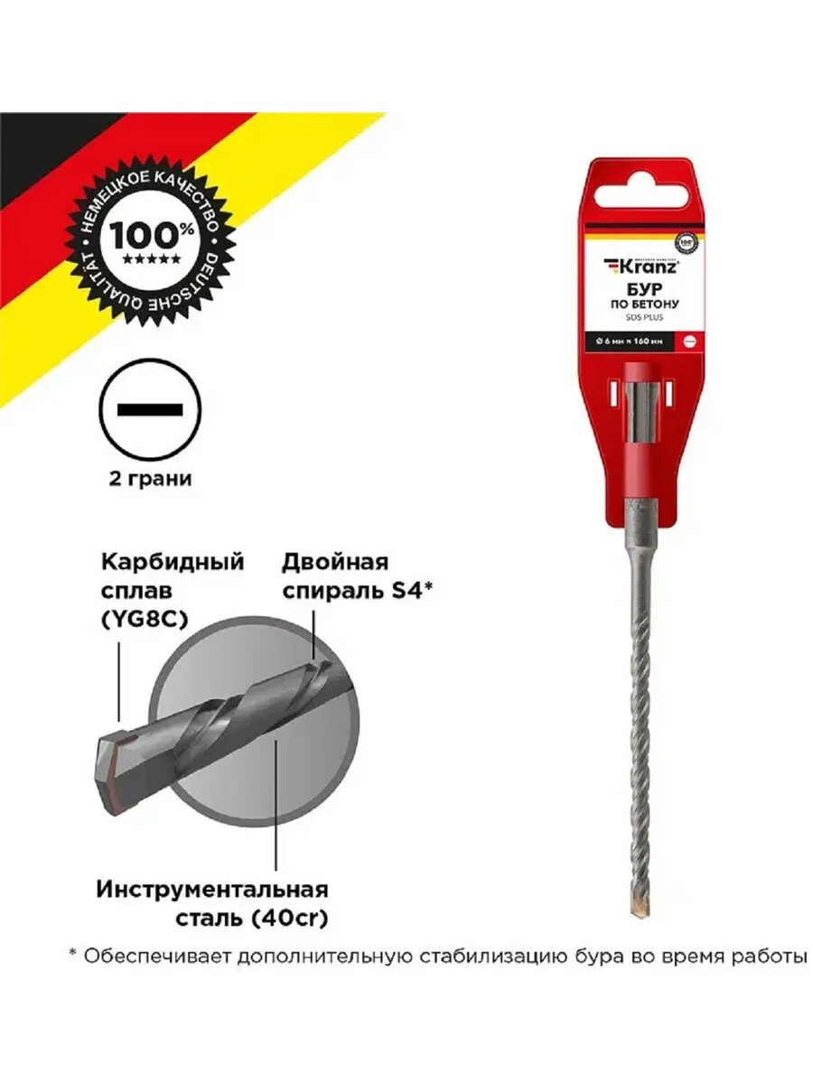 Бур по бетону 6 мм для перфоратора 6x160x100 мм; 2 грани