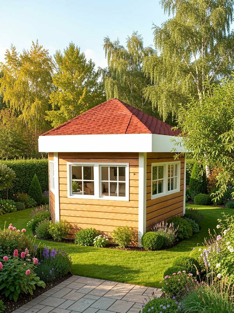 Проект беседки шестигранной 2х2 с мангальной зоной в центре беседки