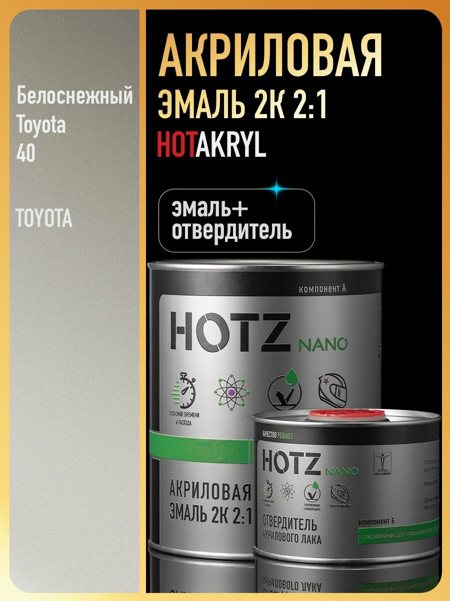 Акриловая краска автомобильная 2К 2:1, Toyota 040, Комплект (эмаль: 1000 мл + отвердитель: 500 мл), HOTZ