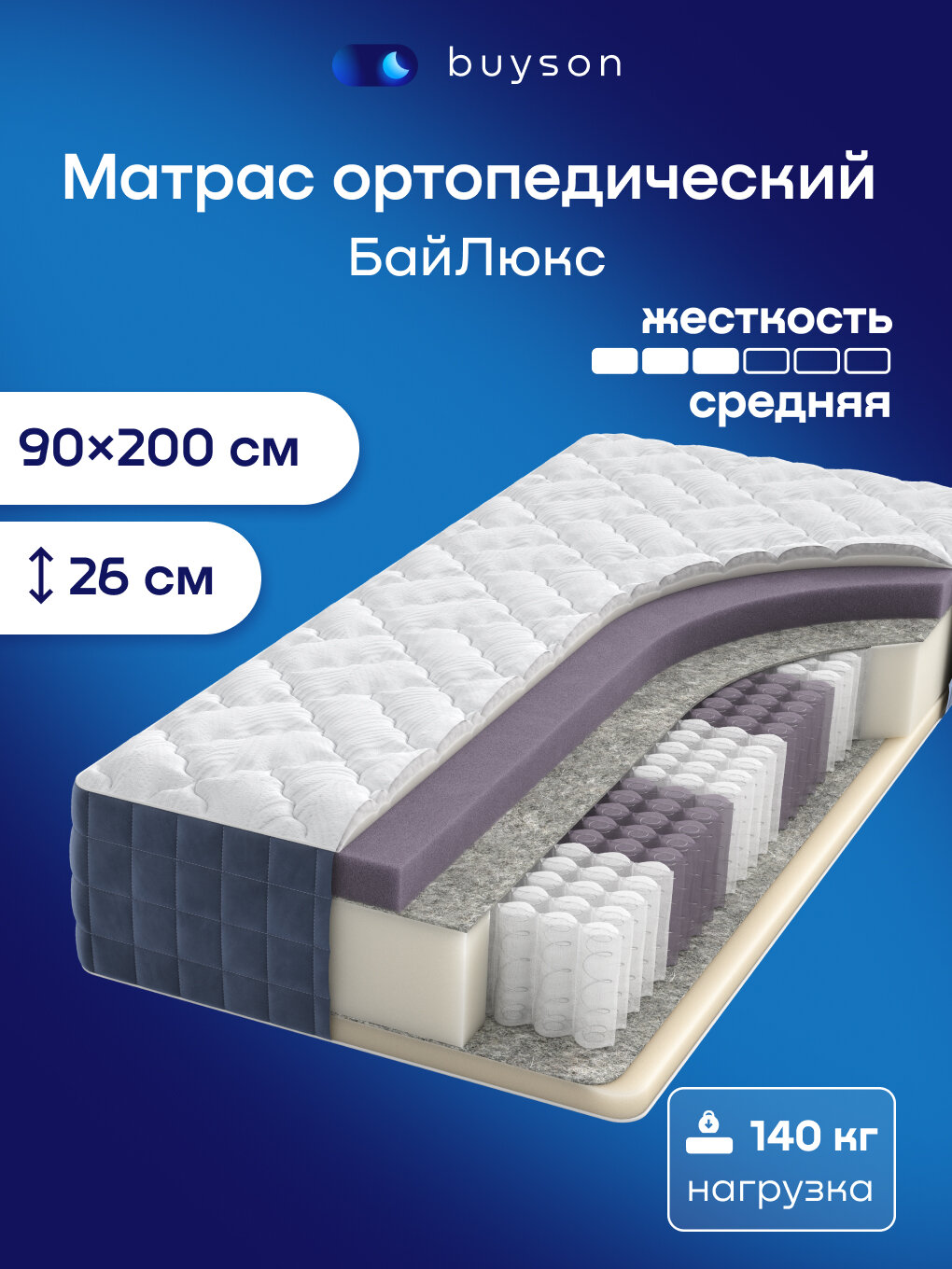 Ортопедический матрас buyson БайЛюкс, 90х200 см, независимые пружины