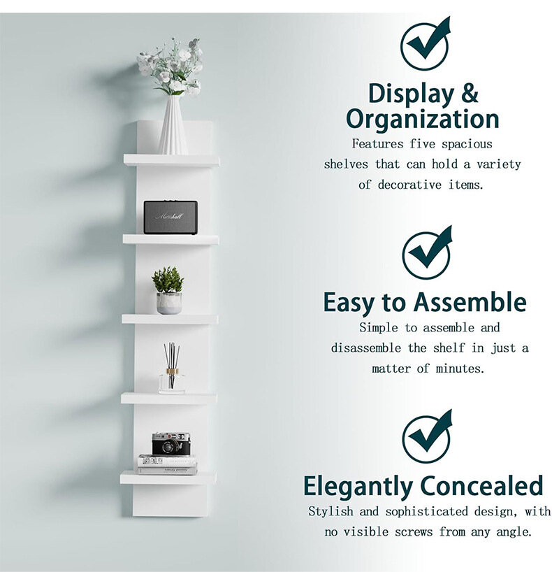 Полка настенная, полка настенная навесная, Белая деревянная полка для хранения у стены, с крючками,5 этажей