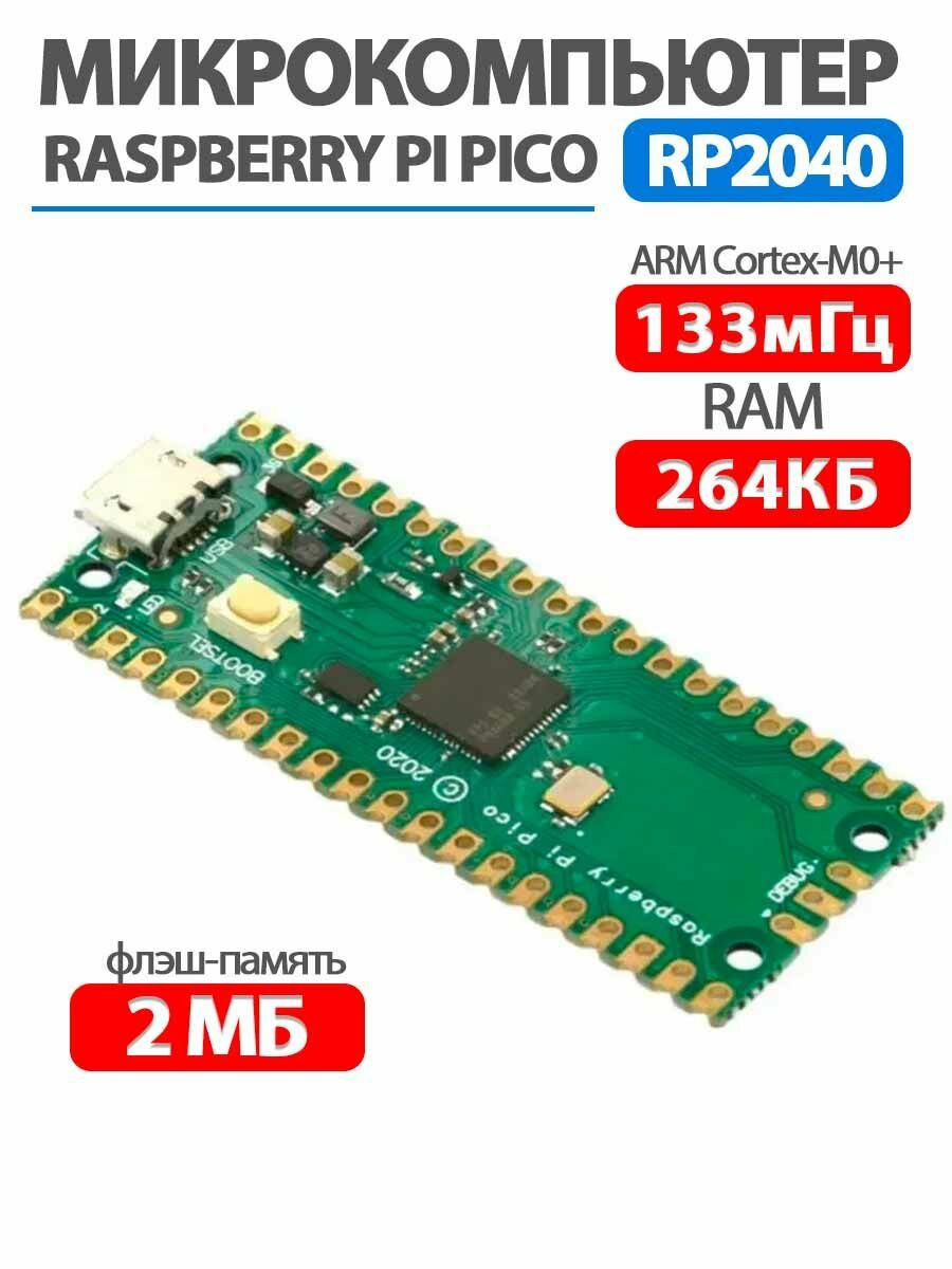 Raspberry Pi Pico компактная плата на RP2040: 2 Cortex-M0+ до 133 МГц, 264 КБ ОЗУ, 2 МБ Flash, 26 GPIO, ADC, PWM, PIO, USB. Подходит для IoT, автоматизации и встраиваемых проектов.