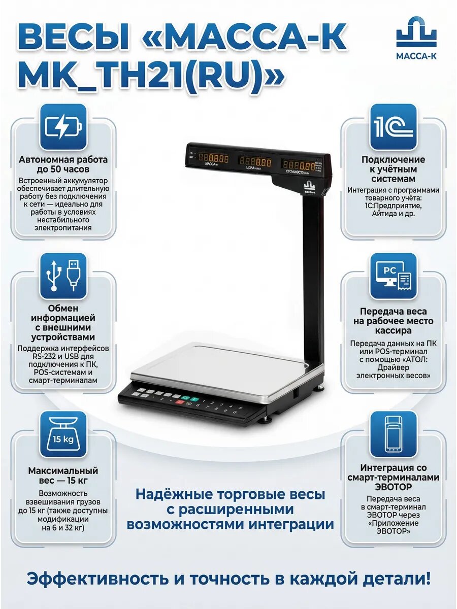 Весы торговые МАССА-К MK-15.2-TH21(RU), до 15 кг, LED-дисплей, АКБ до 50 ч, RS-232, USB