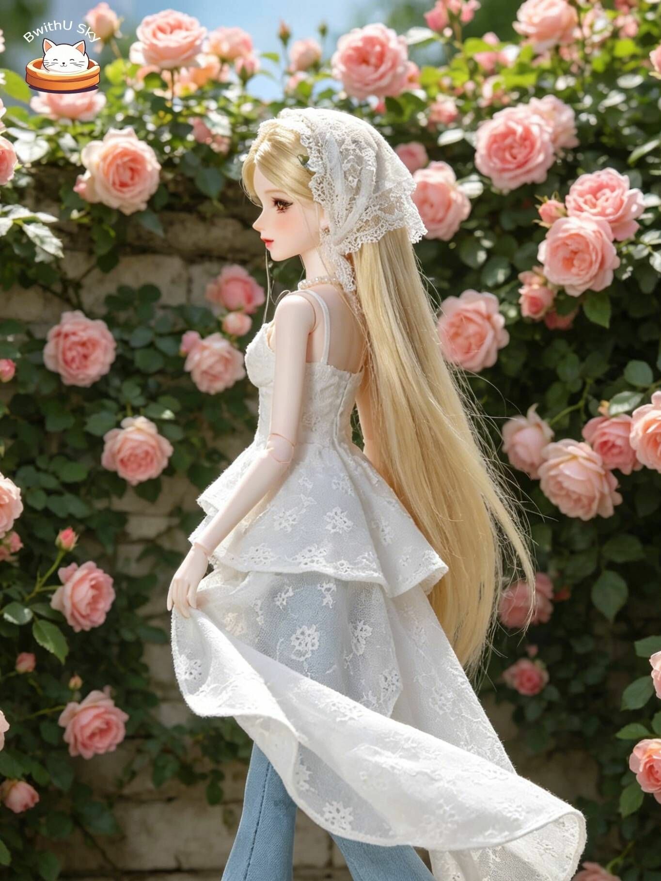 BwithUSky Xana 1/4 BJD Кукла: Белый кружевной топ и джинсы с воланами, стильный повседневный образ