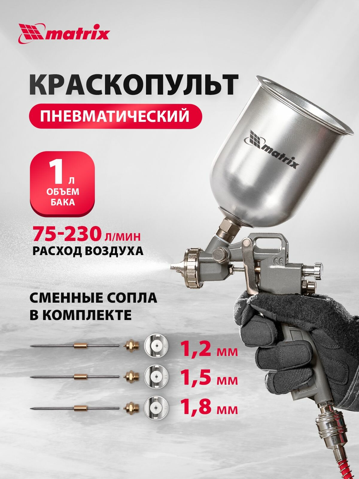 Краскопульт пневматический MATRIX, сопла 1.2-1.8 мм и верхний бачок 1 л, расход воздуха 230 л/мин, краскораспылитель, 57315