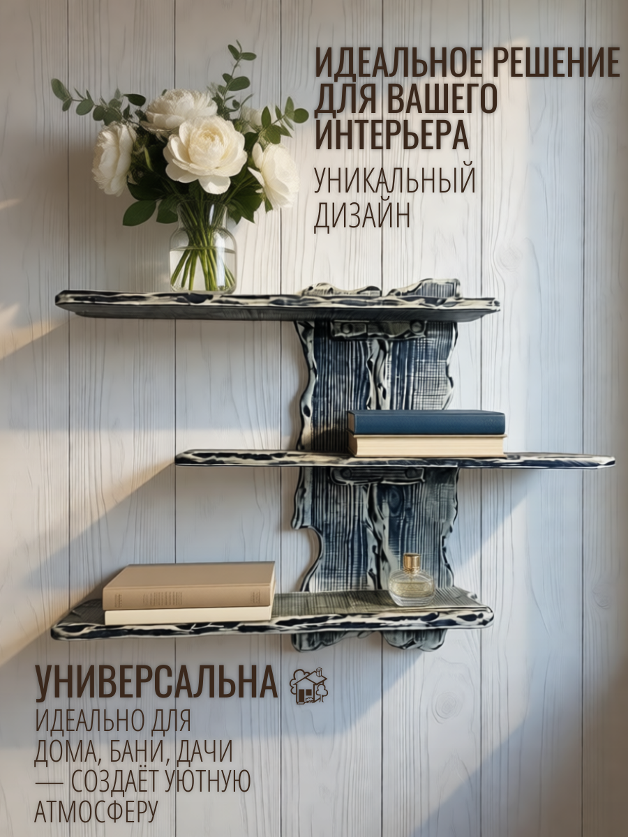 Полка настенная, массив дерева, ручная работа, асимметричная, 3 полки — фото 1