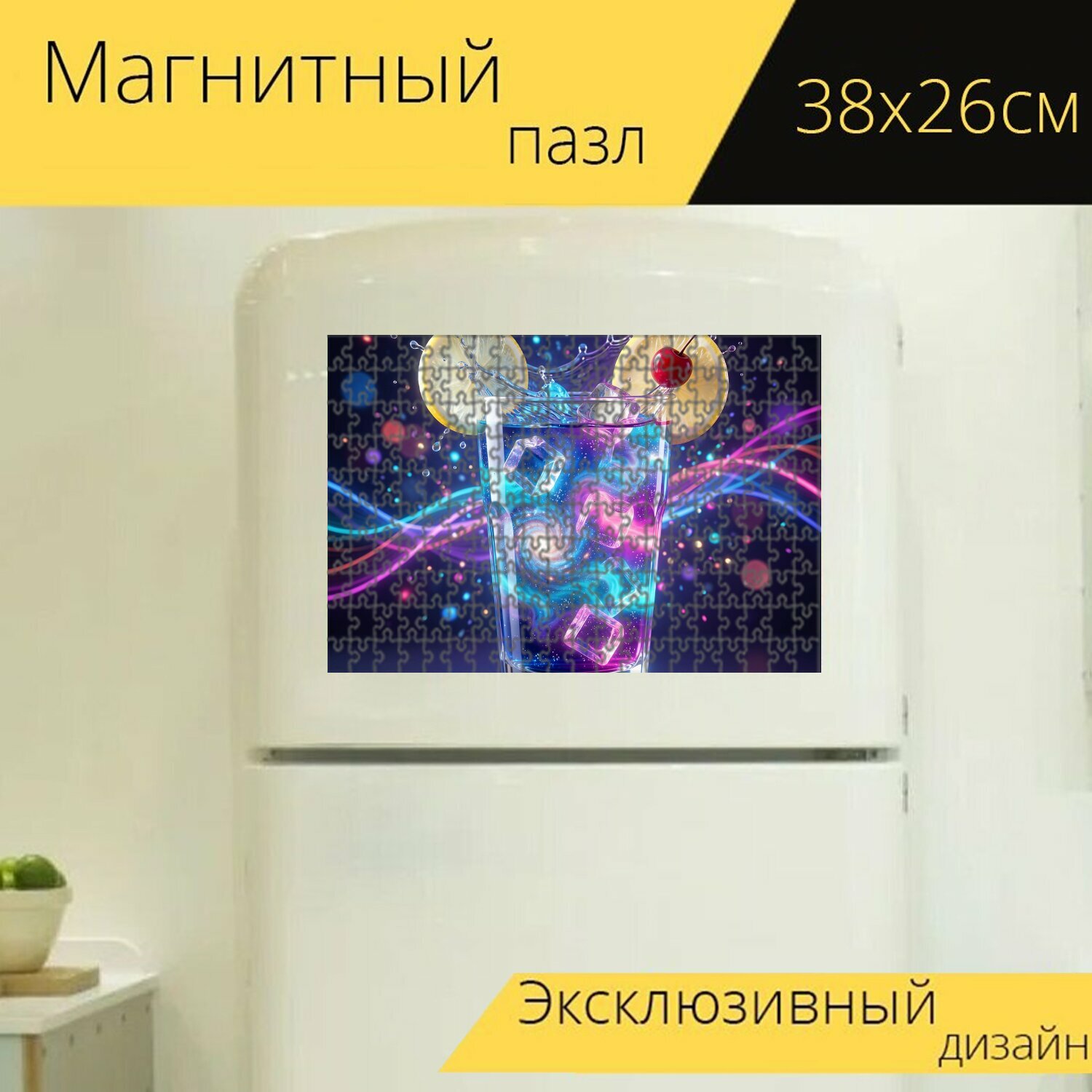 Магнитный пазл "Неоновый коктейль с цитрусом и вишней. Стакан с ярким напитком, льдом, дольками лимона и вишней на темном фоне. Фэнтези-стиль, неоновые." для интерьера, 38х26 см.