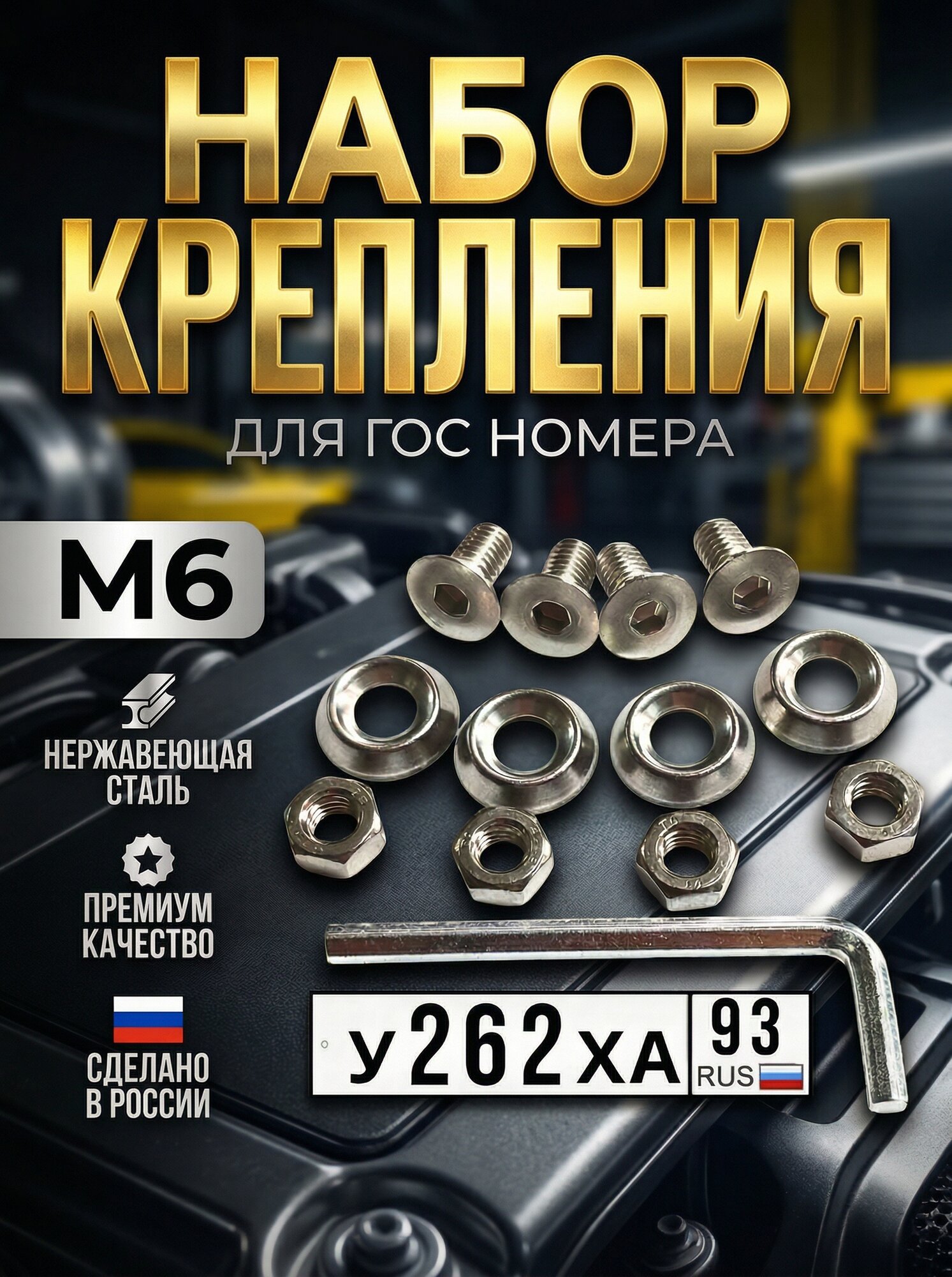 Крепеж номерного знака из нержавейки. Винты 6х12 + Обычные гайки + Конусные шабы + Ключ