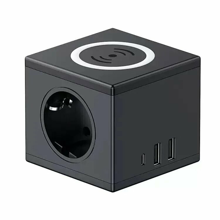Сетевой фильтр куб, 16В/2500Вт 2 розеток с 2 USB и 1 Type-C, с Беспроводная зарядка