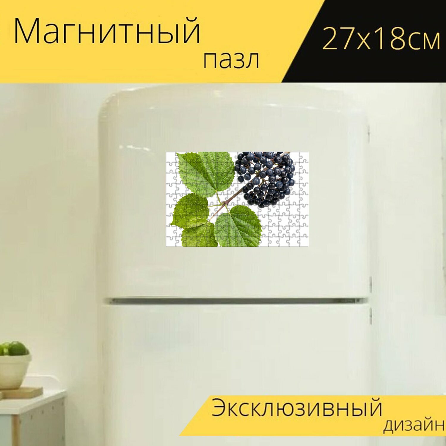 Магнитный пазл "Темные ягоды и зеленые листья. Ботаническая композиция с гроздью спелых черных ягод на ветке и крупными резными листьями. Натуральные." на холодильник 27 x 18 см.