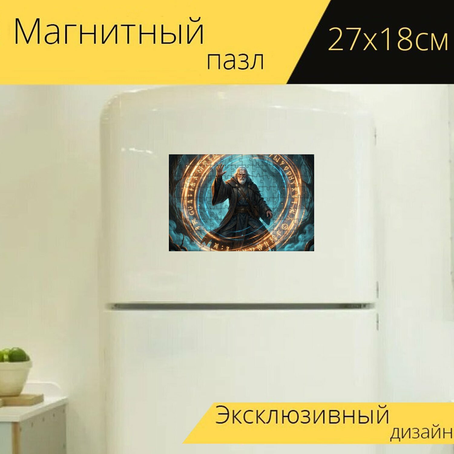 Магнитный пазл "Старый маг в руническом круге. Фэнтезийный волшебник в темном мистическом лесу, сияющая магия, светящиеся руны, голубое свечение, золотые." на холодильник 27 x 18 см.