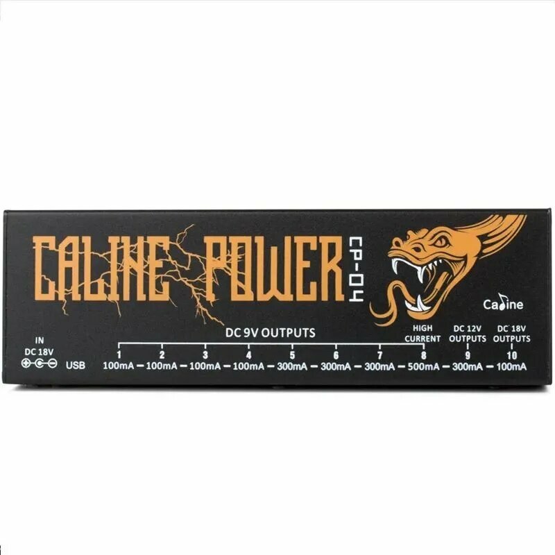 Блок питания Caline CP-04 для гитарных педалей: 10 изолированных выходов (9V/12V/18V) с защитой от короткого замыкания и перегрузки.
