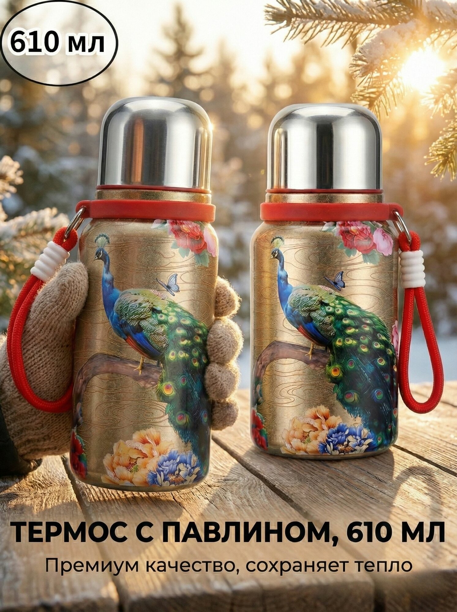 Термос Ударопрочный корпус, С ручкой, Крышка-чашка, 0.61 л