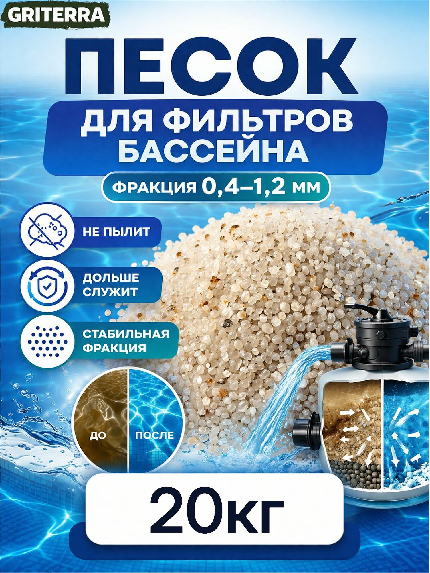 Кварцевый песок для фильтрации воды, 0,4-1,2мм (для бассейнов и фильтров, песочниц) 20кг