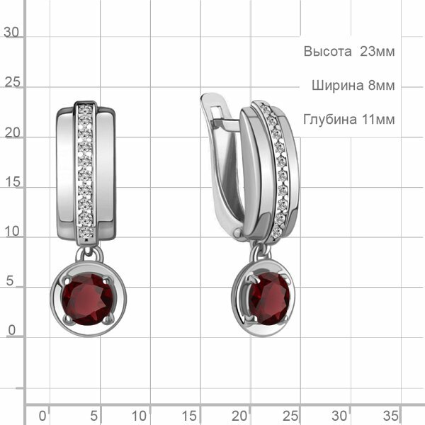 Серьги Abis, серебро, 925 проба, родирование, фианит, гранат, длина 2.3 см, , красный — фото 1