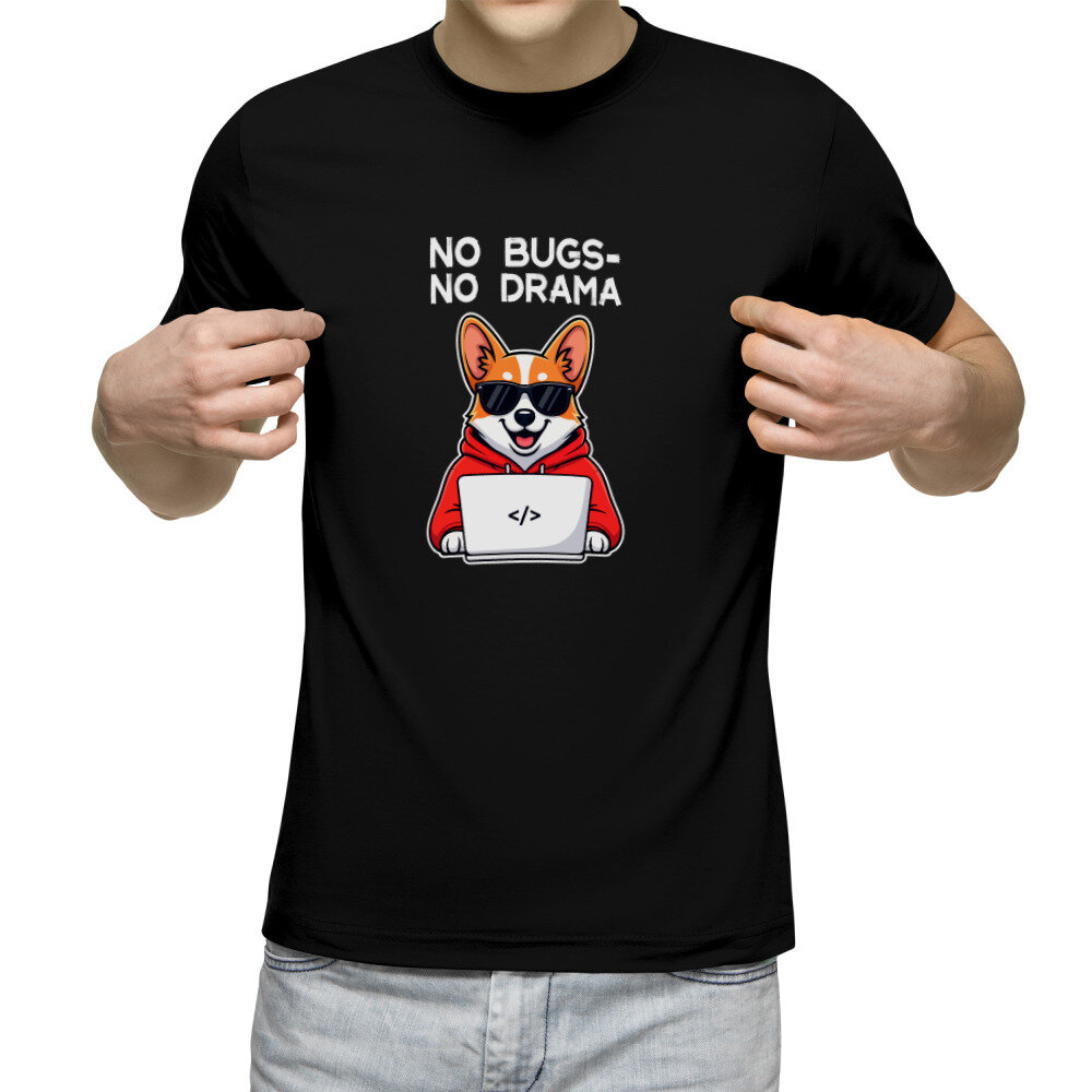 Мужская футболка «Корги программист: no bugs - no drama!(надпись)» (черный, M)