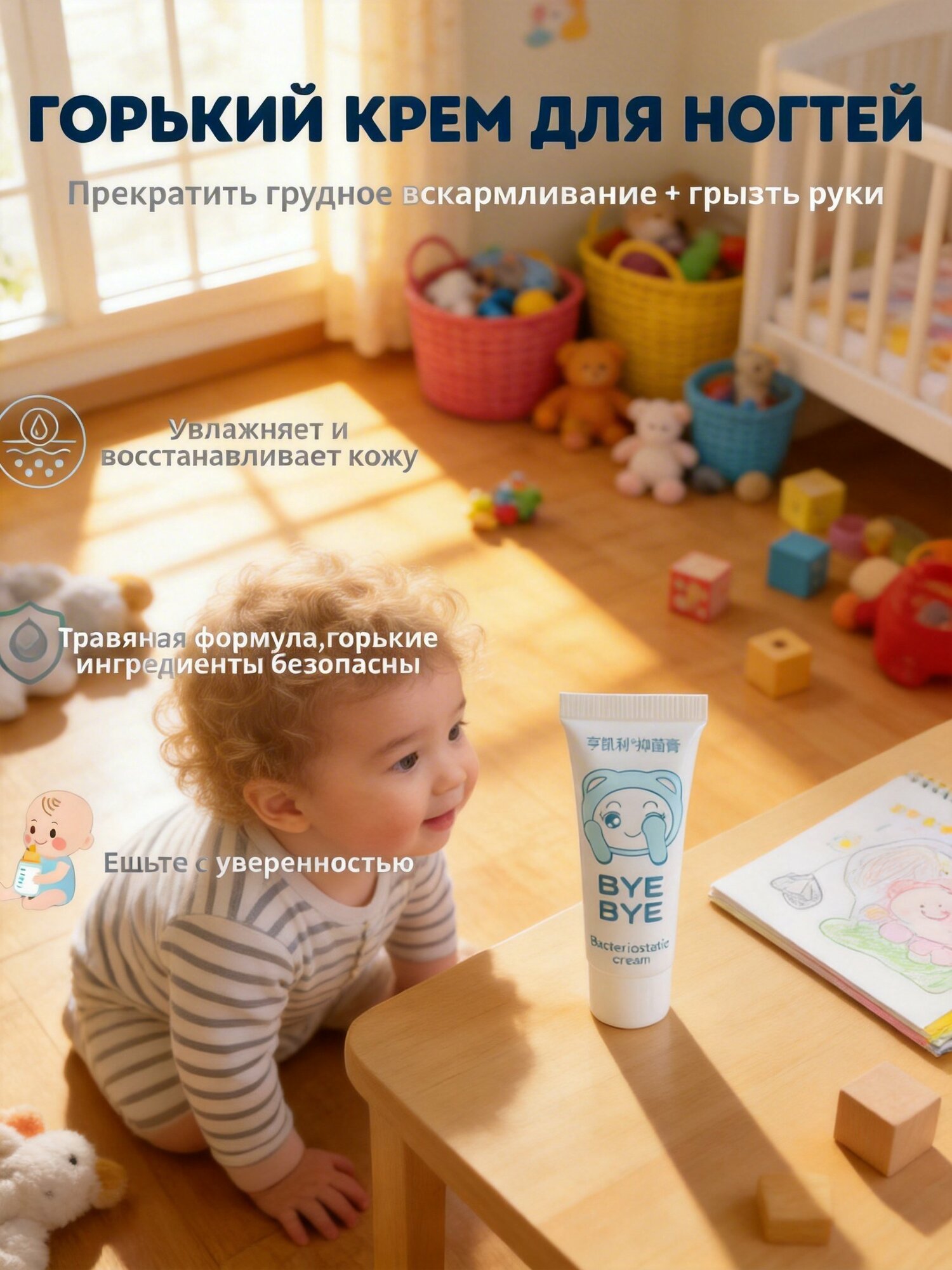 Укрепляющий крем с горьким вкусом для детей, отучает от обкусывания ногтей, прозрачная текстура, безопасный состав и быстросохнущий флакон с дозатором