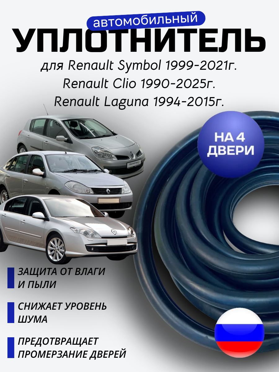 Комплект уплотнителей проема 4 дверей для Renault Symbol 1999-2021г. Renault Clio 1990-2025г. Renault Laguna 1994-2015г.