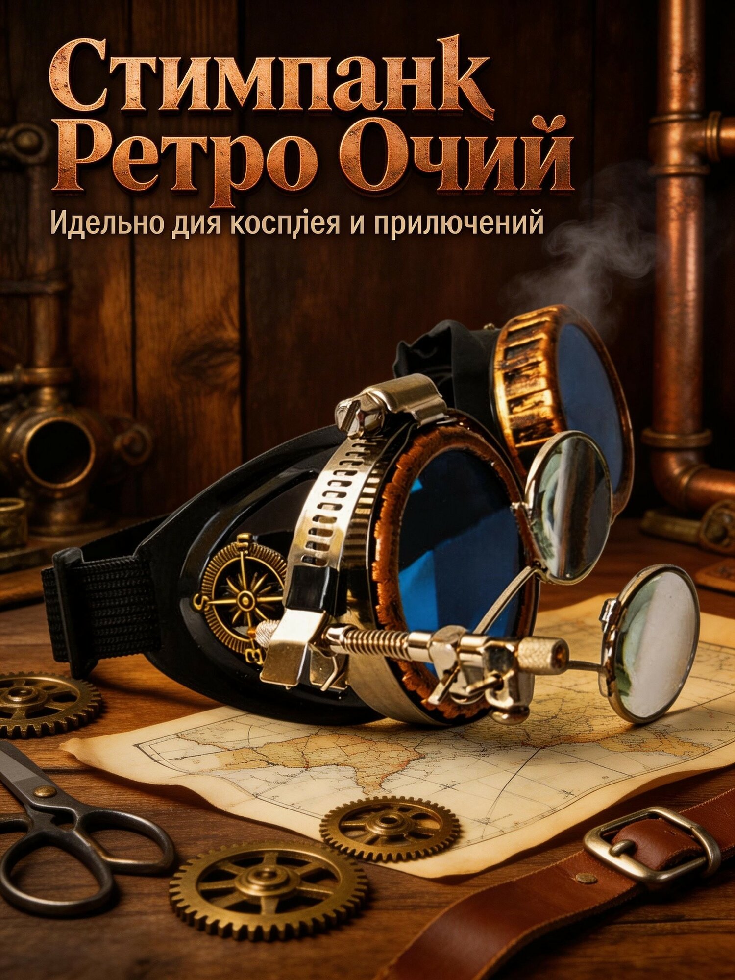 Стимпанк ретро защитные очки для мотоцикла, косплей аксессуар и подарок на фестиваль в черно-синем стиле