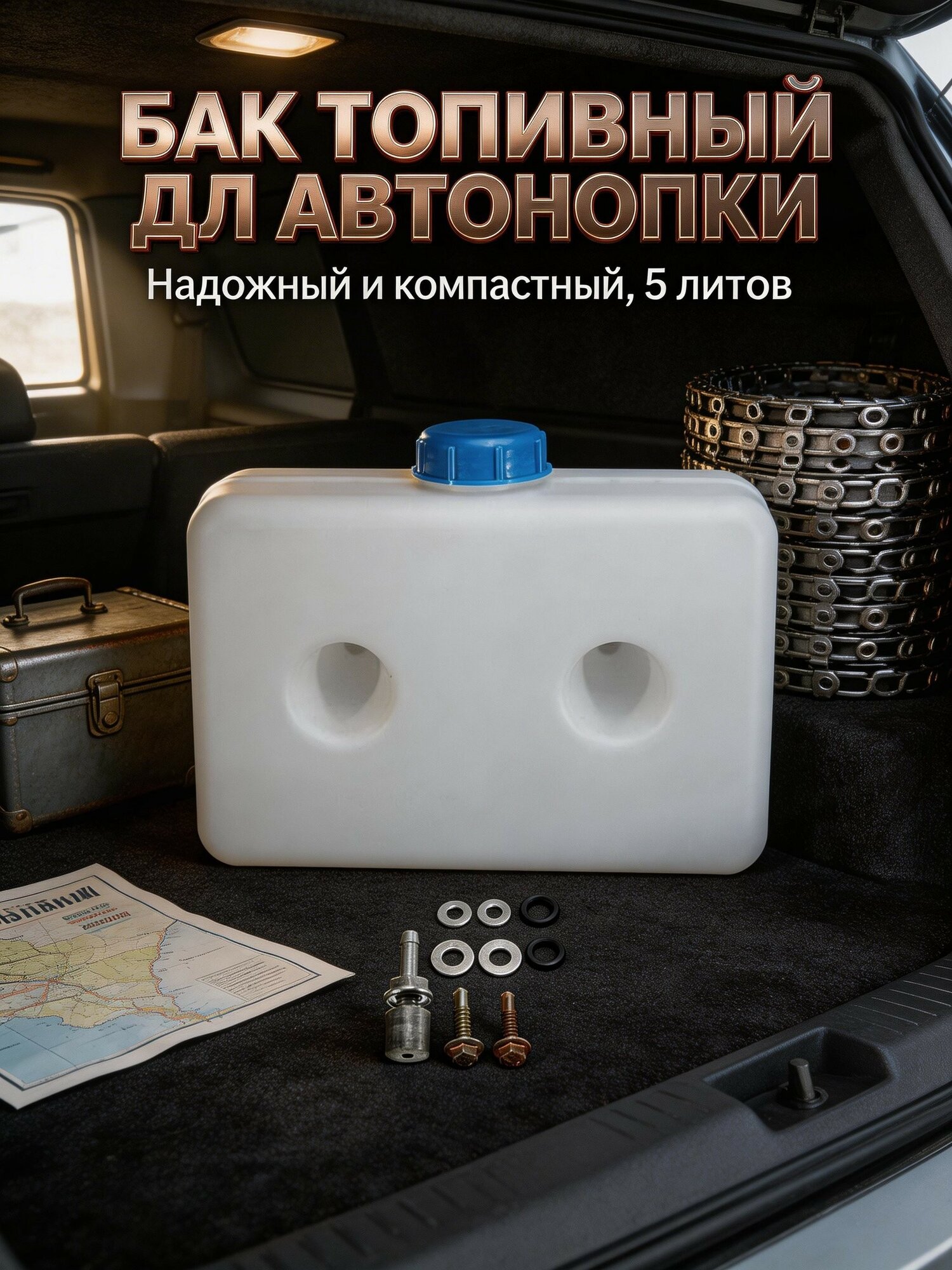 Бак топливный 5L для автономного отопителя, 30x23x8,5 см белый с оранжево-синей крышкой из инженерных пластмасс