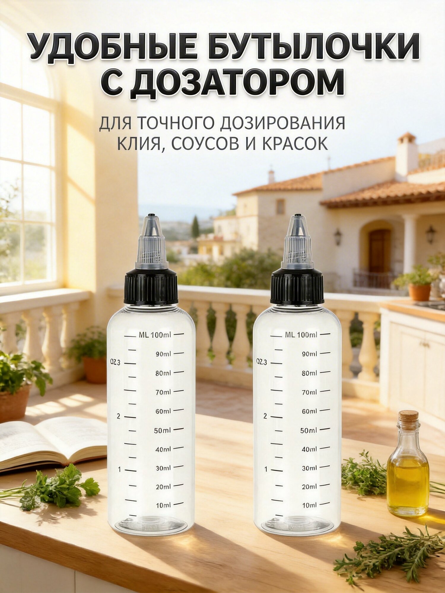 Набор из 2 бутылочек 100 мл с дозатором и шкалой, точное дозирование клея соусов красок универсальные и удобные флаконы