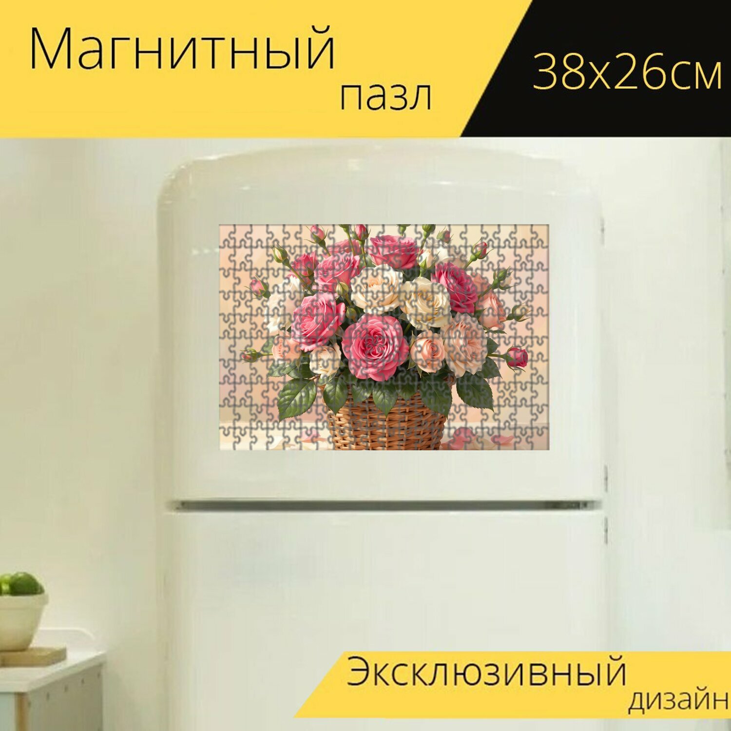 Магнитный пазл "Розы в плетёной корзине. Пышная цветочная композиция в нежных розовых, кремовых и белых тонах, аккуратно собранная в корзинке. Лепестки на." для интерьера, 38х26 см.
