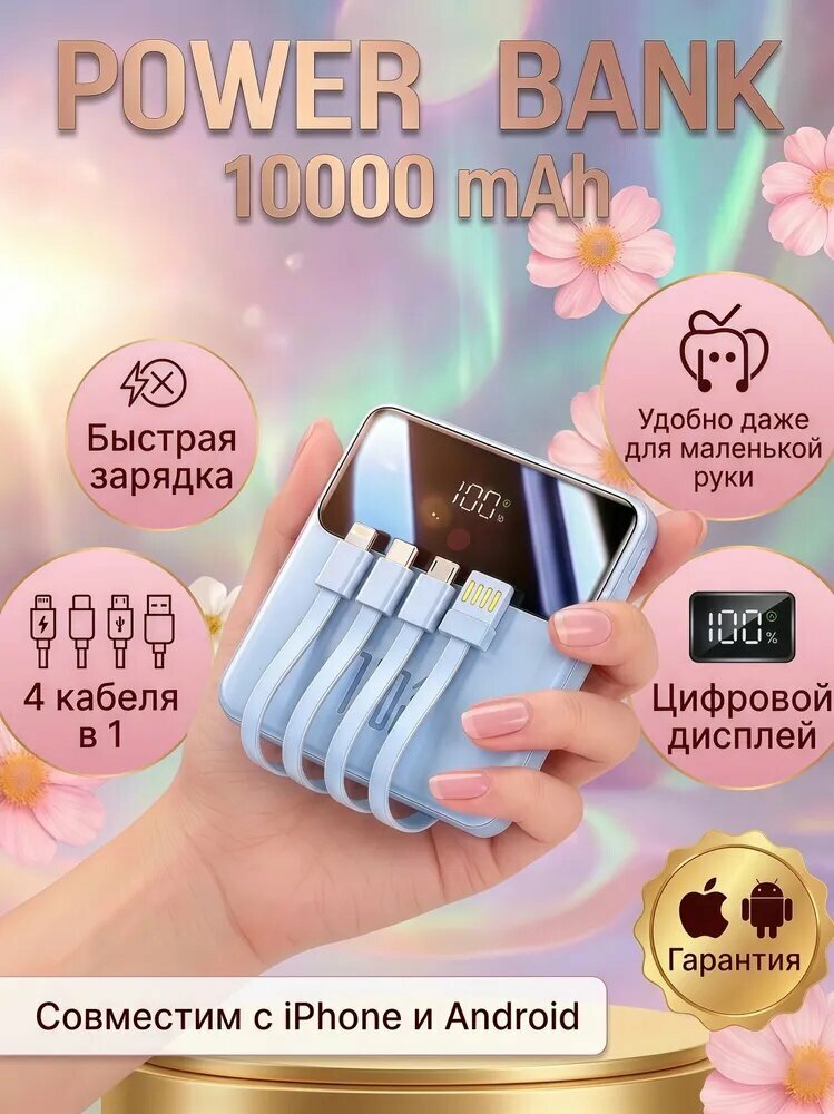 Павербанк, 10000 мА, с быстрой зарядкой Power Delivery, голубой