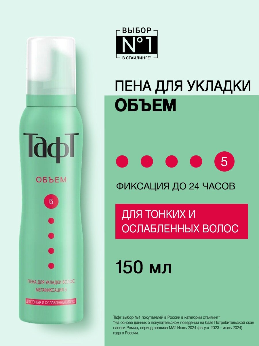 Тафт Пенка для укладки волос Объём, для тонких и ослабленных волос, мегафиксация 5, 150 мл