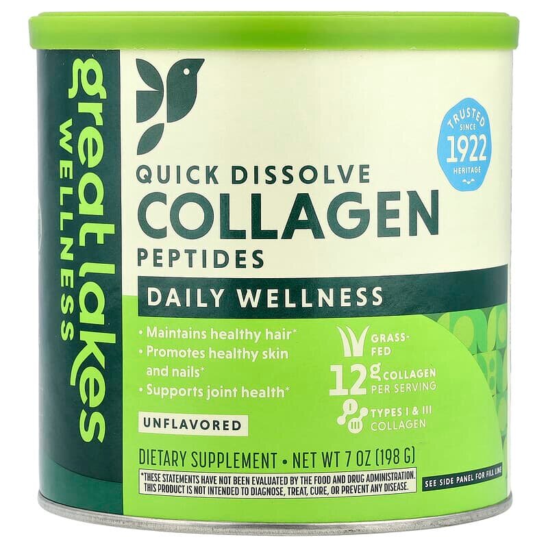 Коллаген Great Lakes Wellness, пептидный, без вкуса, быстрорастворимый, 198г