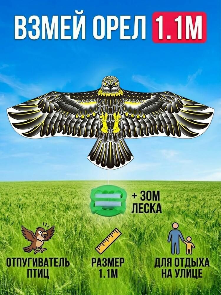 Воздушный змей Орёл с катушкой 30м, размах 110см / Управляемый летучий змей для игры на улице