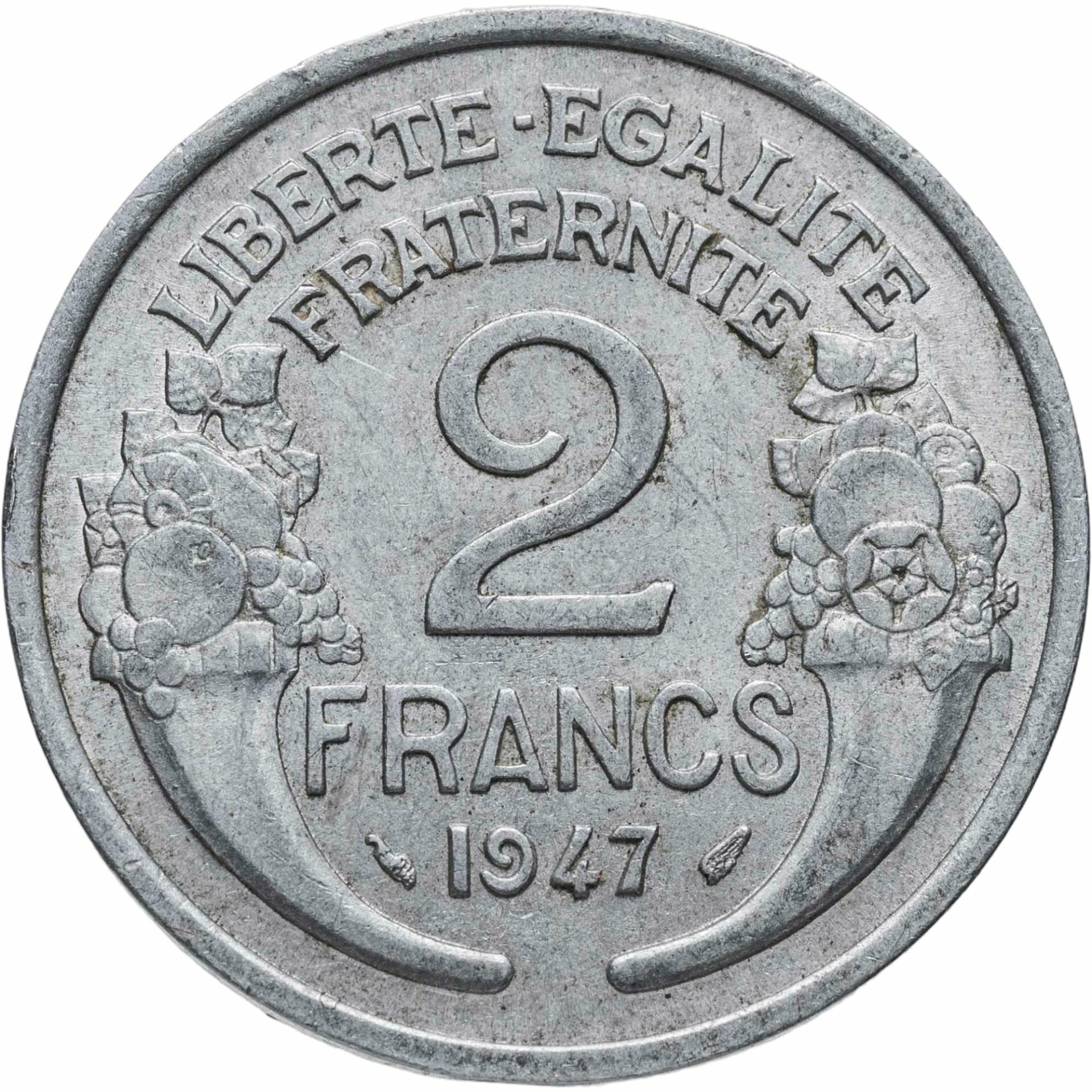 Франция 2 франка francs 1947 без отметки монетного двора, Алюминий, в сохранности VF