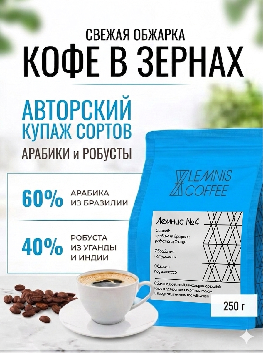 Кофе Бразилия, Уганда, Индия в зернах, арабика/робуста, 250 г