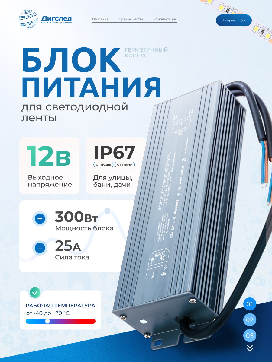 Блок питания 12В / 300Вт для LED-ленты, светодиодной ленты, люстры, лампы, модулей, драйвер 12V /300W, 25А DIGSLED