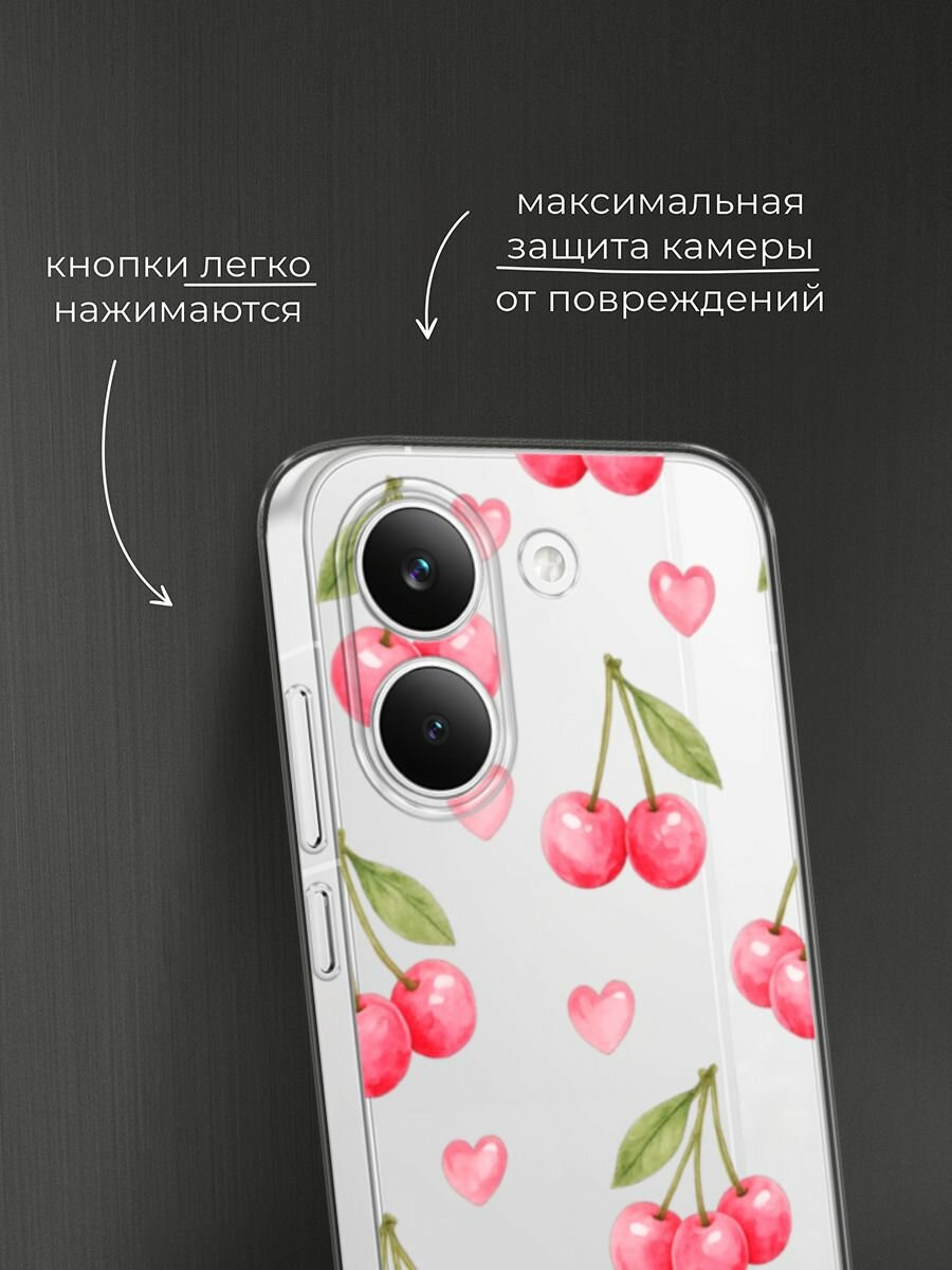 Чехол на Poco X8 Pro / Поко X8 Про с принтом Вишни и сердечки, прозрачный — фото 1