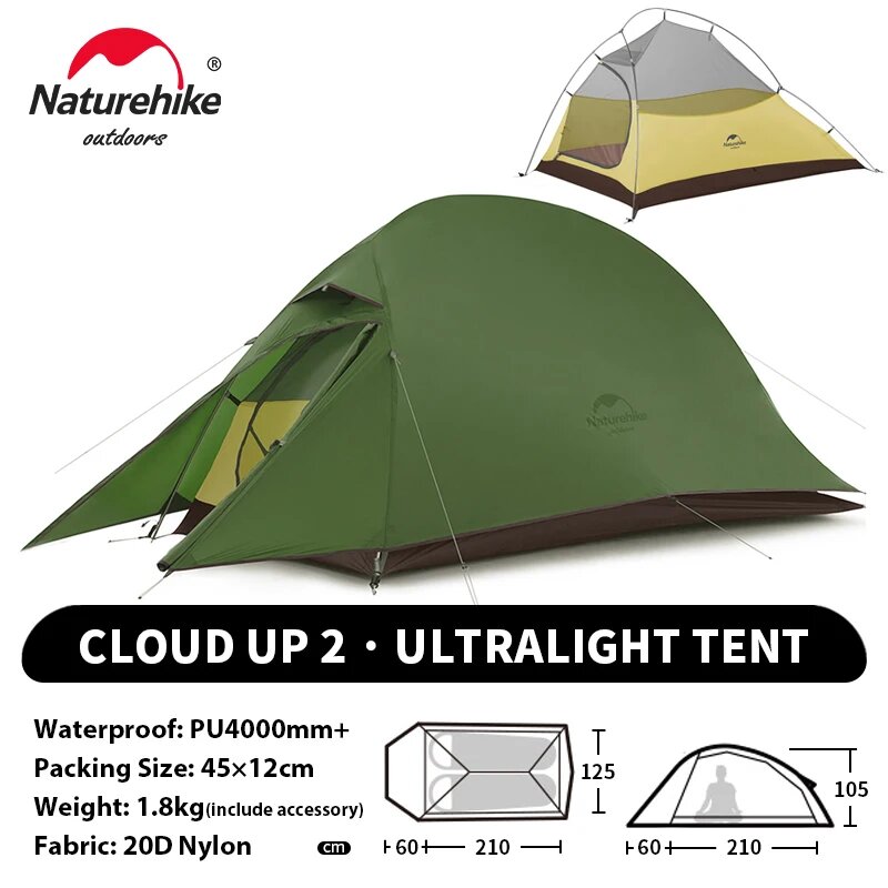 Палатка Naturehike Cloud Up для 2 человек ультralегкая 20D палатка для кемпинга водонепроницаемая для отдыха на открытом воздухе, походов, путешествий, альпинизма, велосипедных поездок, рыбалки