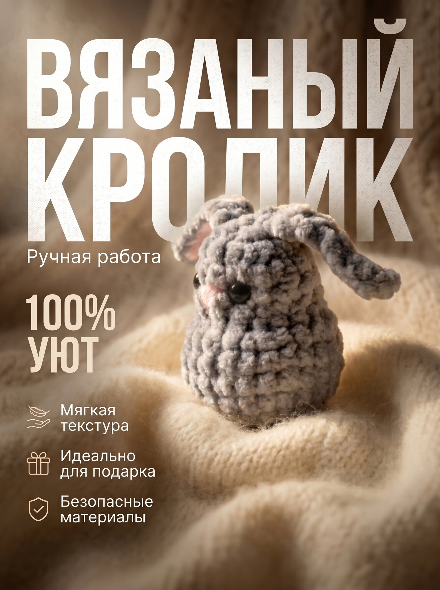 Мягкая игрушка Юренок "Зайчик", ручная работа, гипоаллергенная пряжа, наполнитель холлофайбер