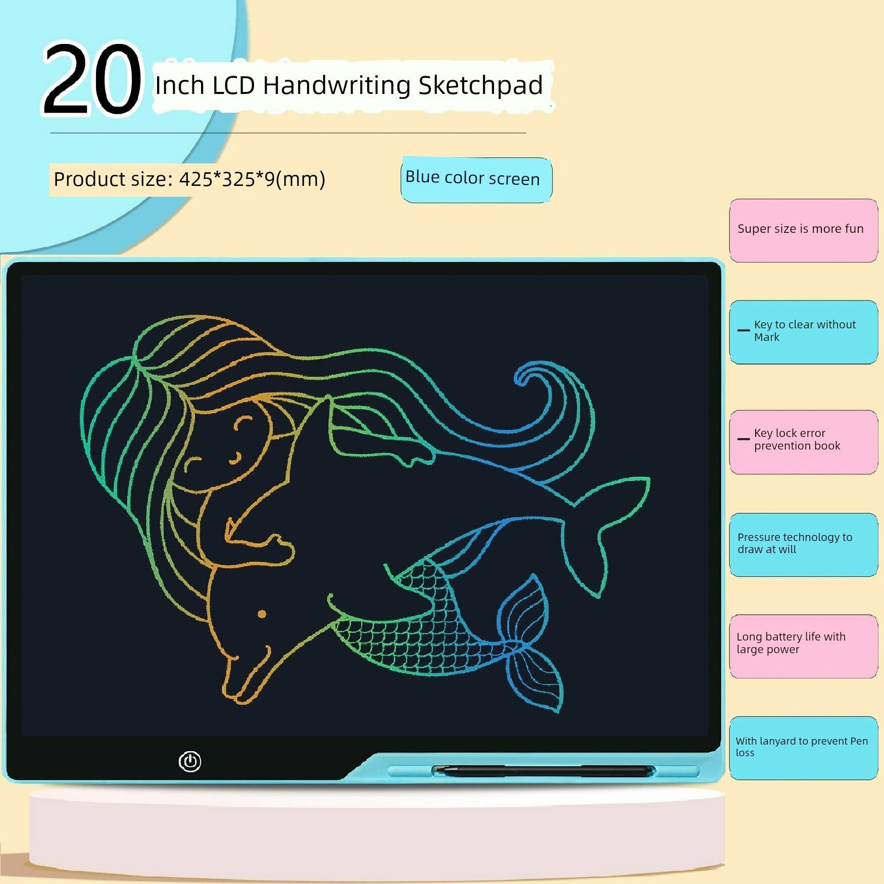 20-дюймовая премиум-модель перезаряжаемой цветной LCD-доски для рисования с 2 сенсорными перьями и зарядным кабелем,