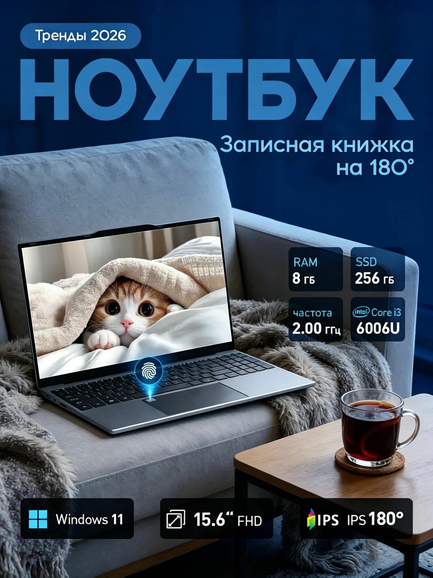 W&O Ноутбук 15.6", Intel Core i3-6006U, RAM 8 ГБ, SSD 256 ГБ, Intel HD Graphics, Windows Pro, черный, Русская раскладка