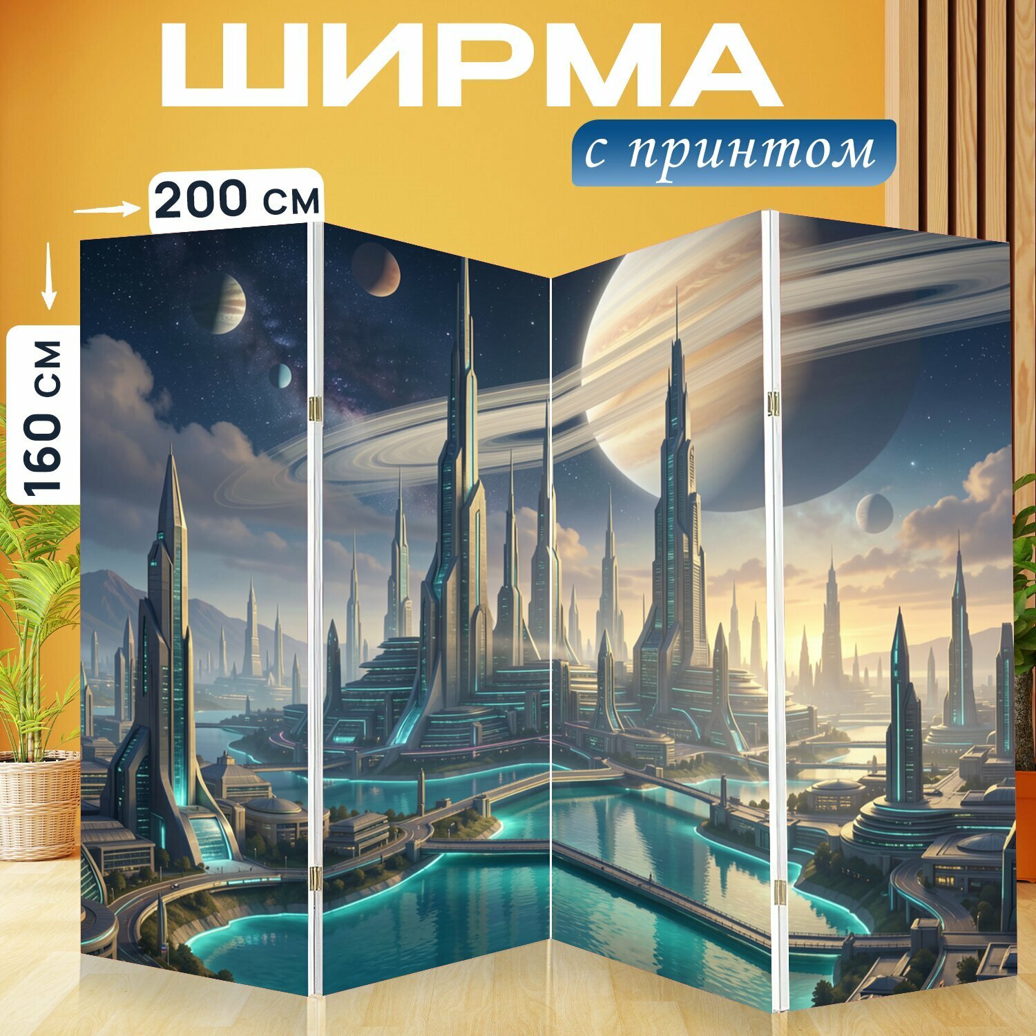 Ширма "Футуристический город под кольцами планеты. Детализированный космический мегаполис с высокими башнями." перегородка для зонирования комнаты с принтом 200x160 см. на холсте