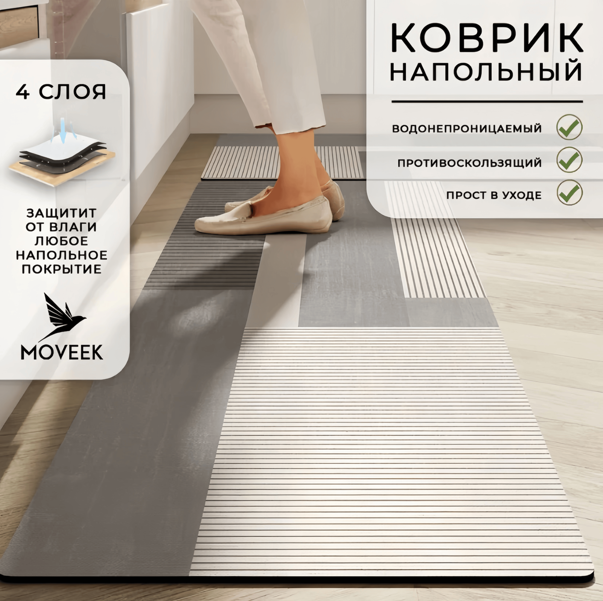 Коврик, нескользящий влаговпитывающий кухонный, 0.6x0.9 м, серый