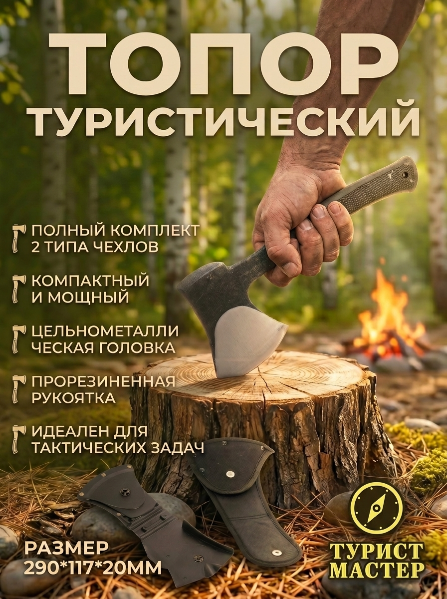 Топор туристический с чехлом, 290x117x20 мм, цельная рукоятка, металл, резиновая накладка, компактный