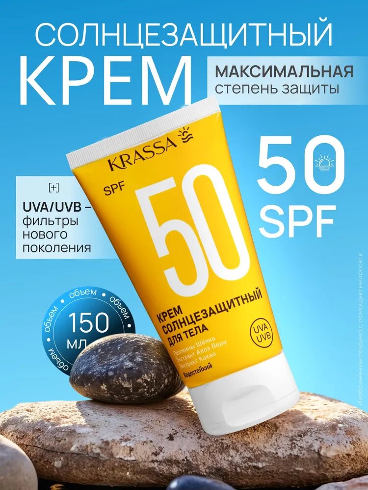 KRASSA Солнцезащитный крем для тела SPF 50 от загара, водостойкий с пантенолом, 150 мл