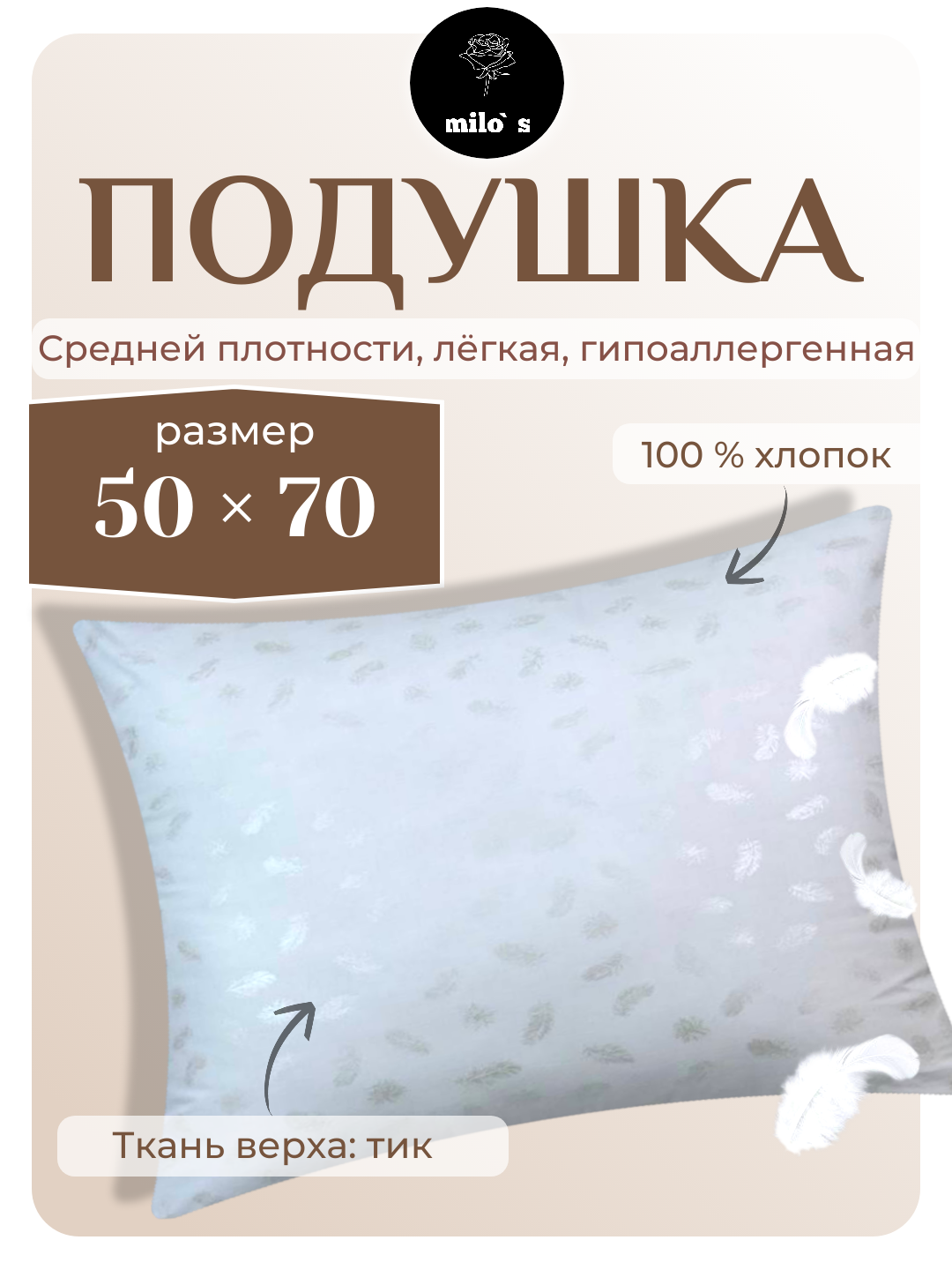 Подушка milo`s 50х70 для сна, силиконизированное волокно, 100% хлопок