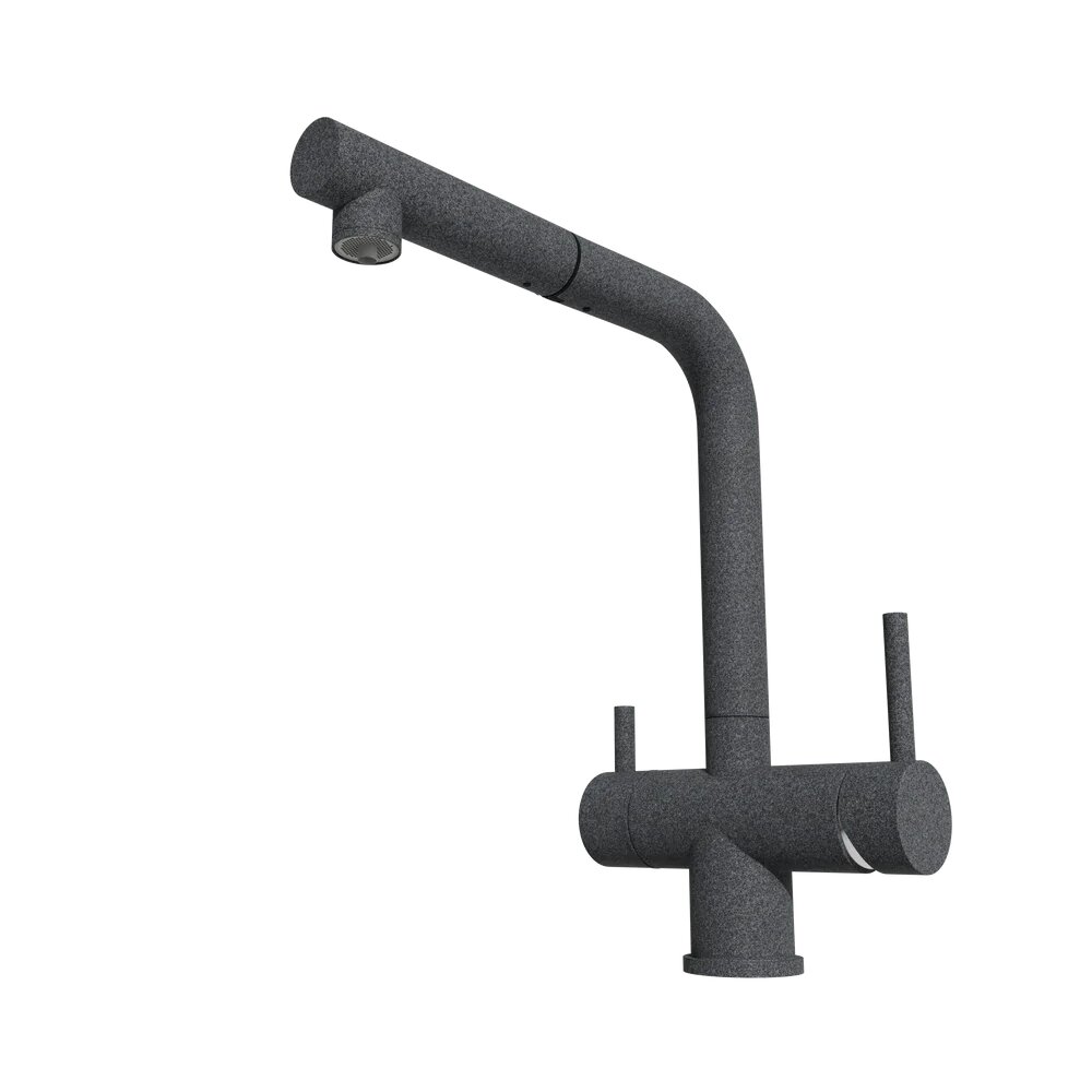 Смеситель для кухни Emar Quartz ЕСВ 7017 с краном для питьевой воды, с поворотным изливом, черный, серый, матовый, однорычажный, латунный, с керамическим картриджем