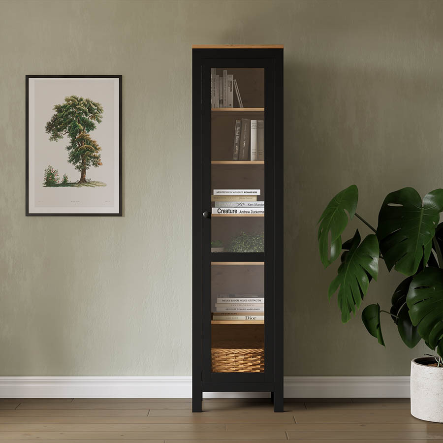 Шкаф витрина узкая HEMNES Кымор дверь ст/ст, массив сосны, цвет черный/светло-коричневый, (икеа)